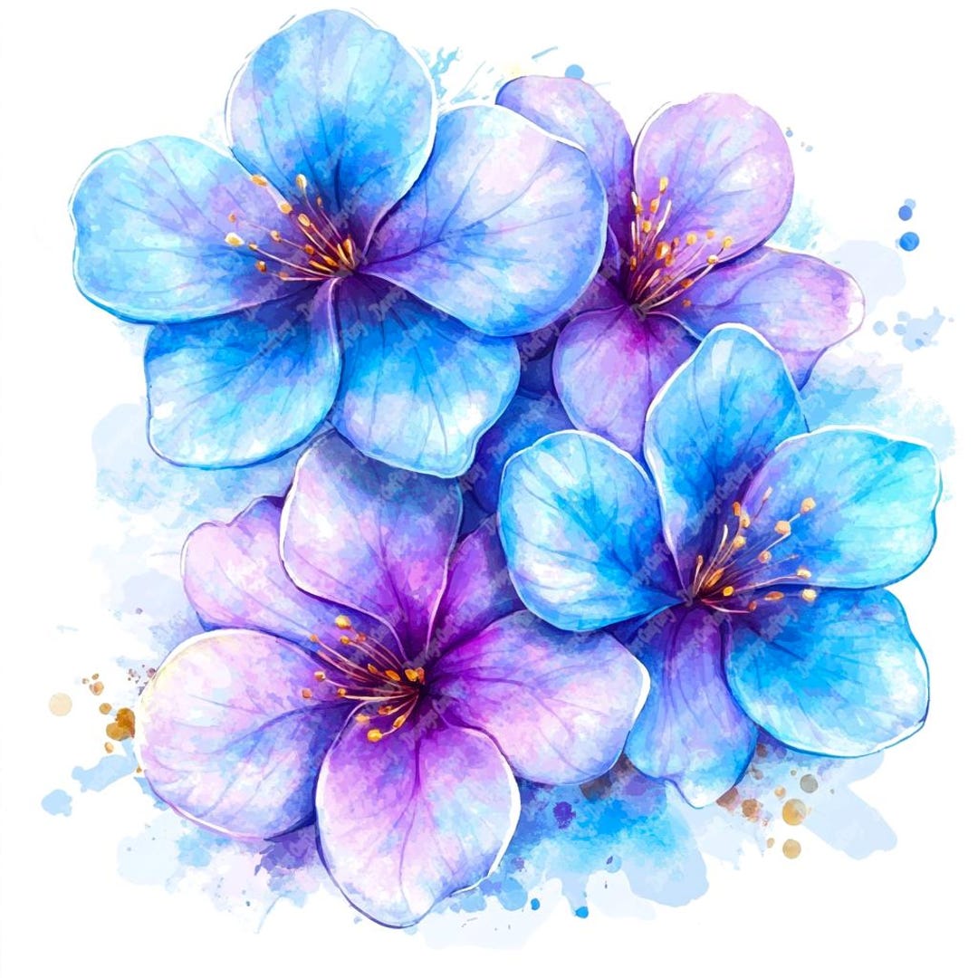 Blue & Pink Watercolor Flower Clipart: Floral Wall Art (digital ...