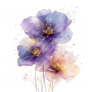 10 Purple and Gold Flowers Watercolor Clipart, Printable High Quality ...