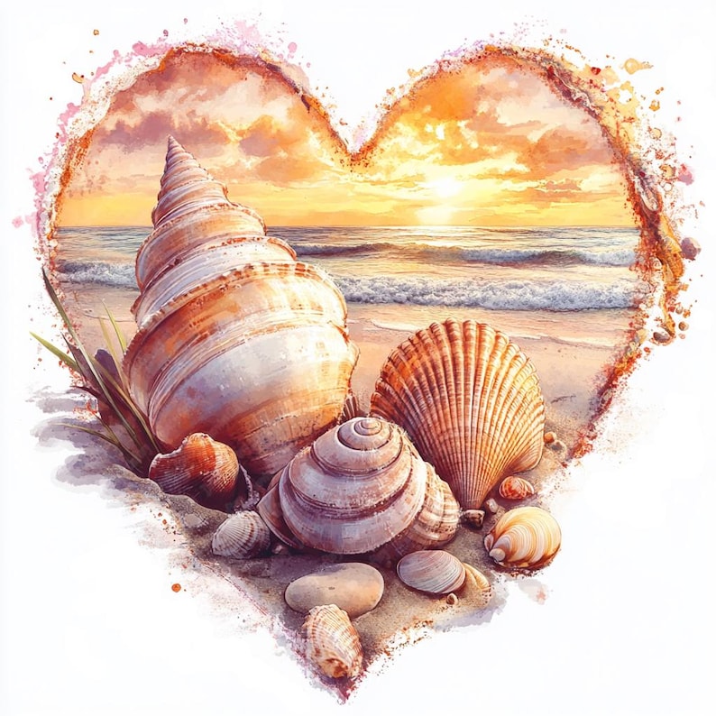 Beach Heart Watercolor Clipart, Seashell Sunset JPG Images (digital ...