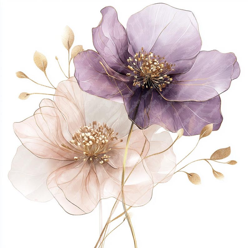 10 Purple and Gold Flowers Watercolor Clipart, Printable High Quality ...