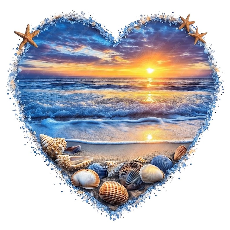 Beach Heart Watercolor Clipart, Seashell Sunset JPG Images (digital ...