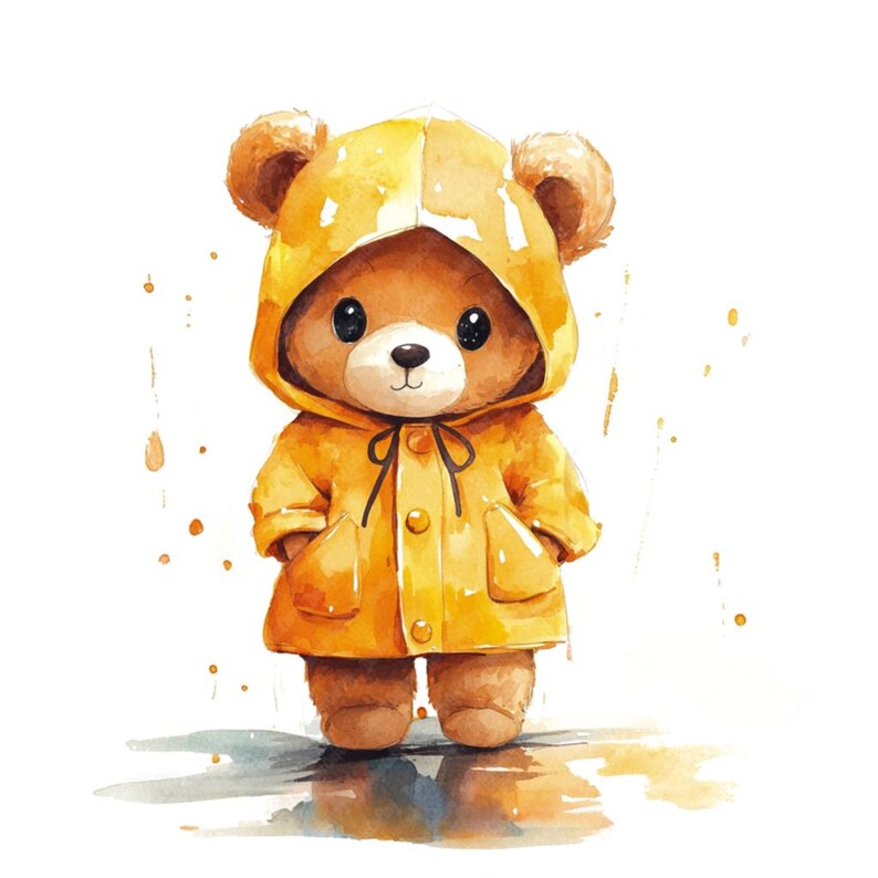 12 Cute Bear in Yellow Raincoat Watercolor Clipart Bundle, Baby Bear ...