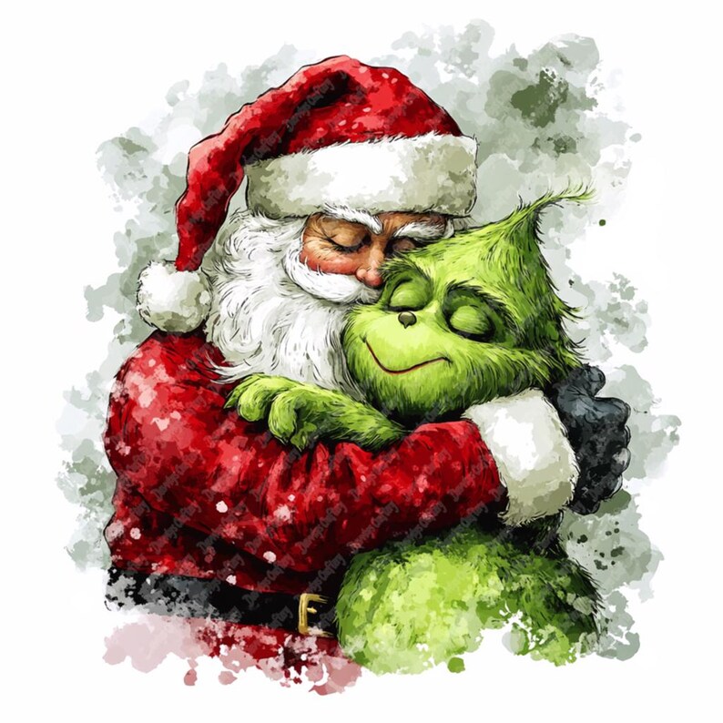 Santa and Grinch Hugging Watercolor Clipart, Christmas JPG (digital ...