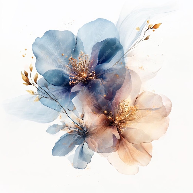 Blue and Gold Watercolor Flower Clipart, Printable Floral Art (JPG) - Etsy