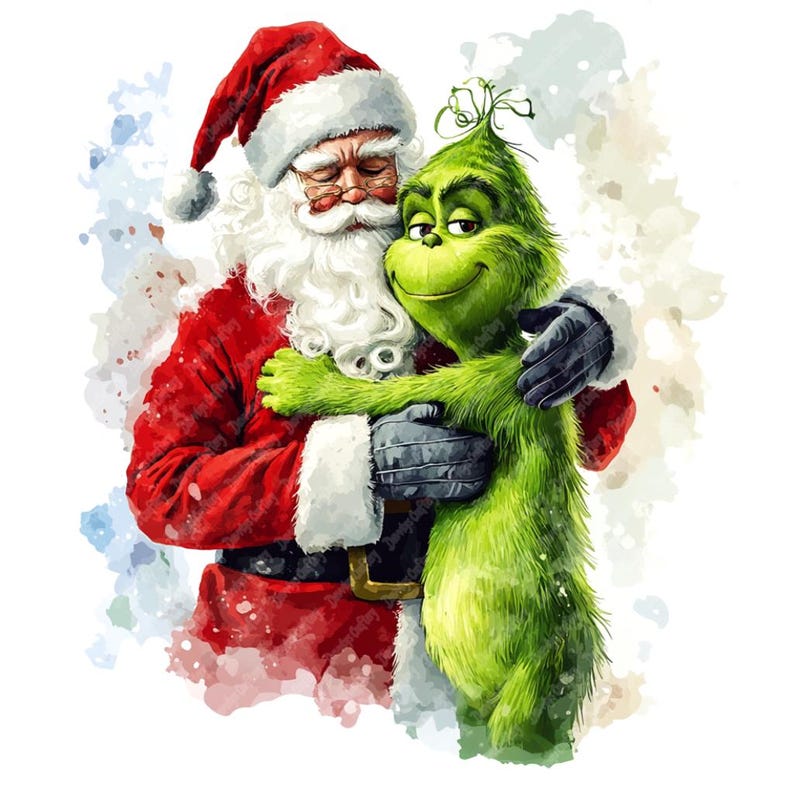 Santa and Grinch Hugging Watercolor Clipart, Christmas JPG (digital ...