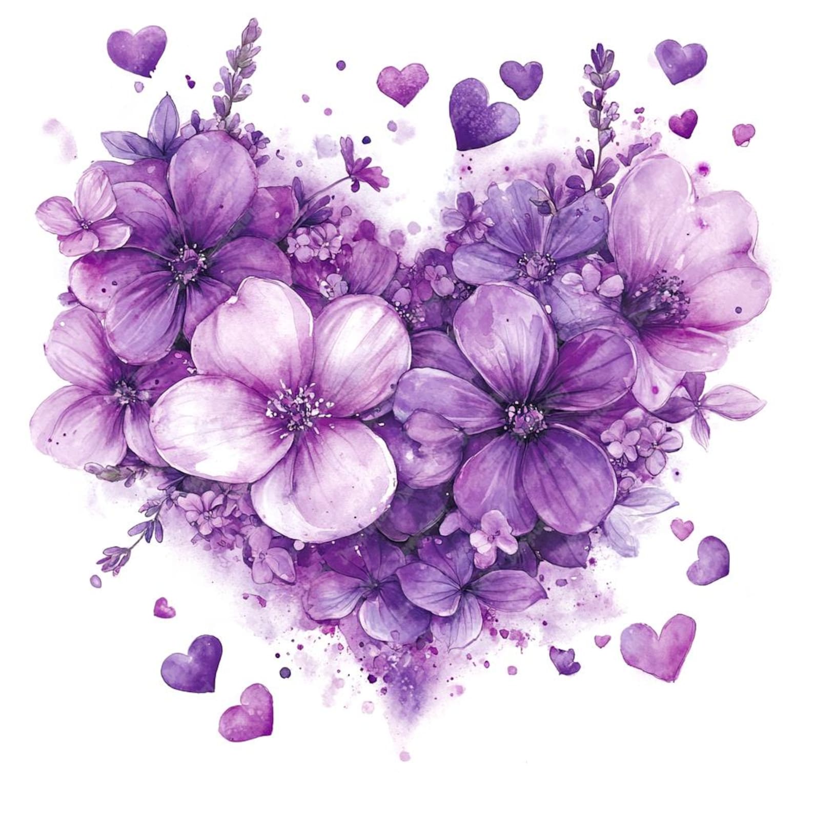 10 Purple Flower Heart Watercolor Clipart, Printable High Quality ...