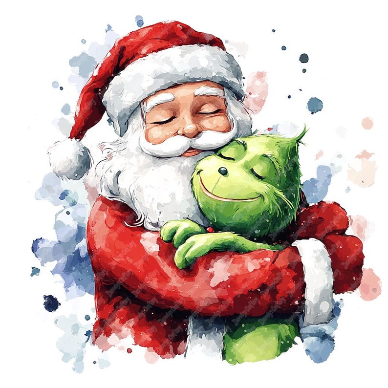 Santa and Grinch Hugging Watercolor Clipart, Christmas JPG (digital ...