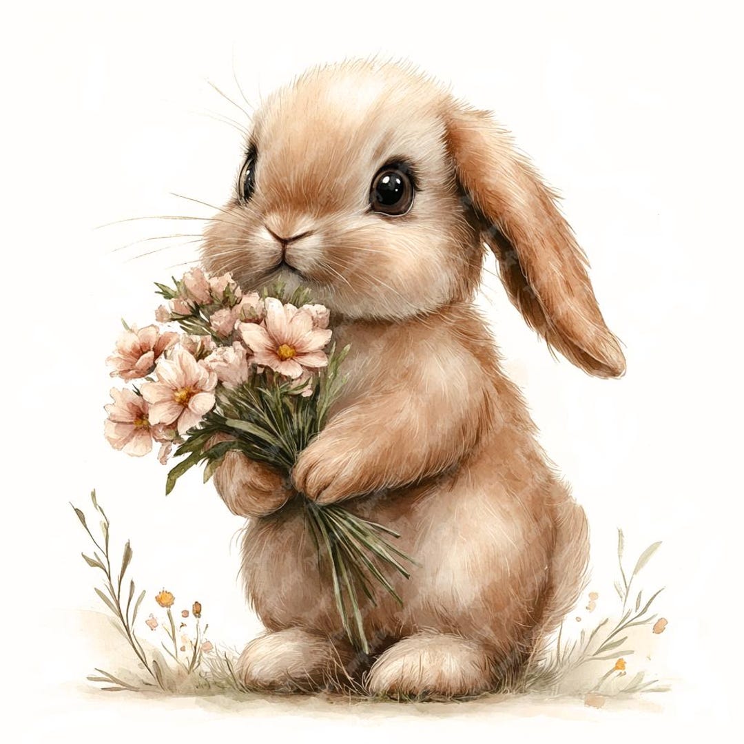 10 Cute Bunny Holding Flowers Watercolor Clipart, Printable High ...