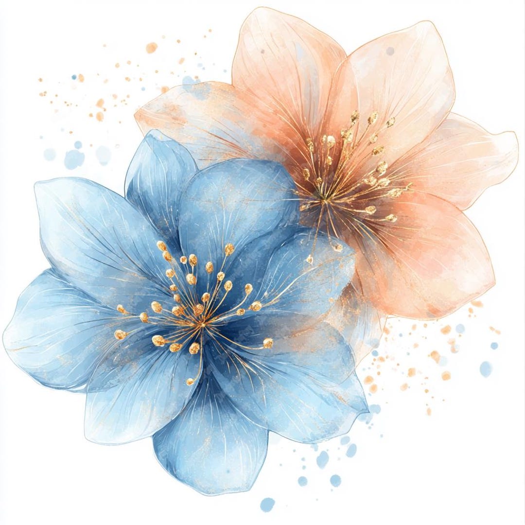 10 Baby Blue and Gold Flowers Watercolor Clipart, Printable High ...
