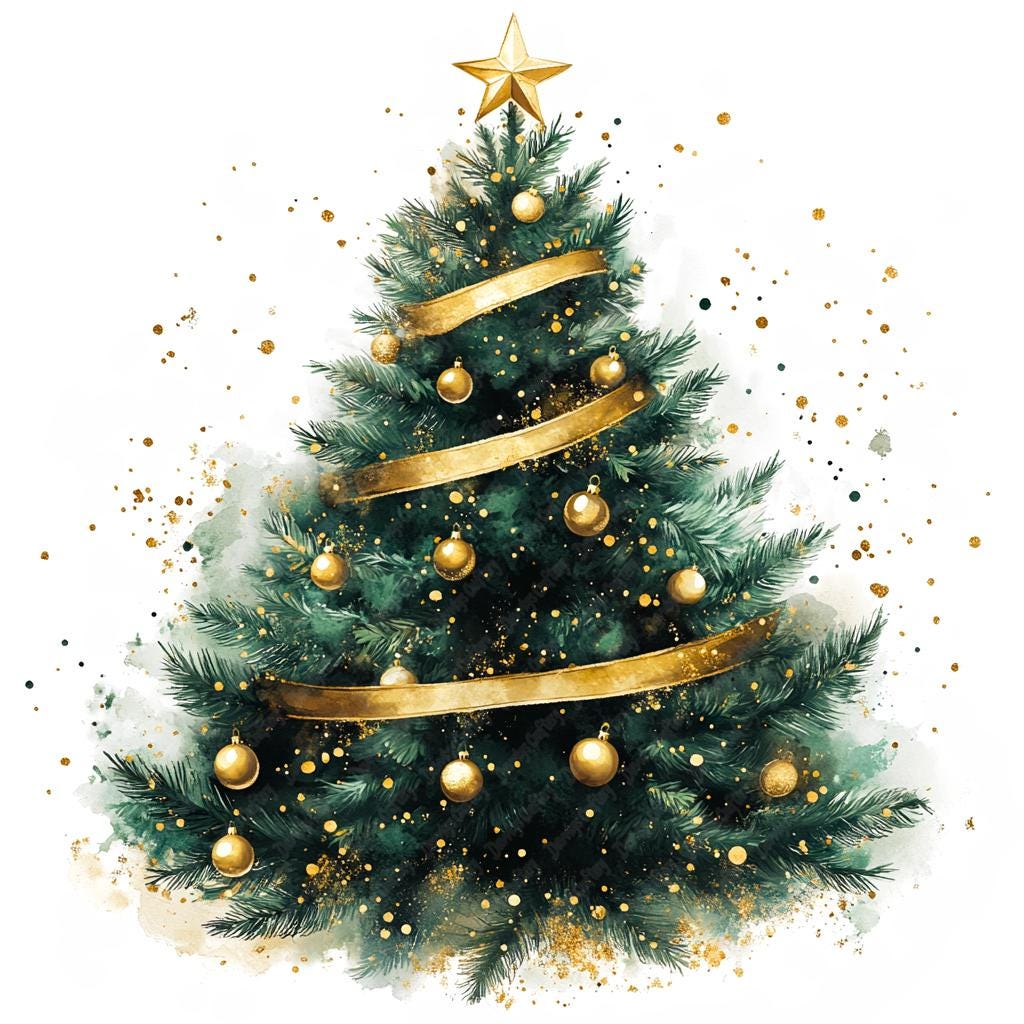 10 Gold Christmas Tree Watercolor Clipart, Printable High Quality ...