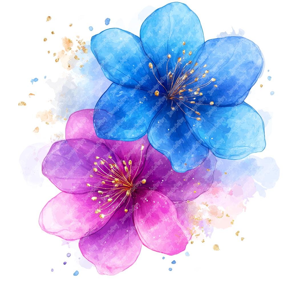 Blue & Pink Watercolor Flower Clipart: Floral Wall Art (digital ...
