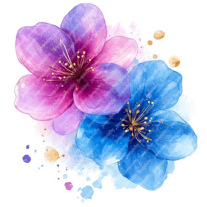 Blue & Pink Watercolor Flower Clipart: Floral Wall Art (digital ...