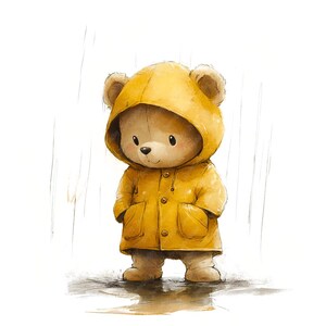 12 Cute Bear in Yellow Raincoat Watercolor Clipart Bundle, Baby Bear ...