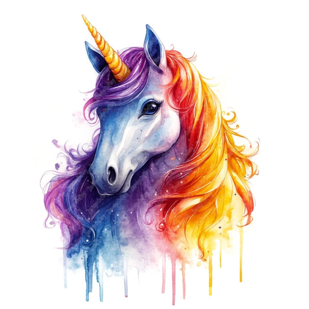 12 Colorful Unicorn Watercolor Clipart, Printable High Quality Rainbow ...