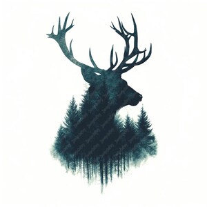 15 Double Exposure Stag and Forest Watercolor Clipart, Printable High ...