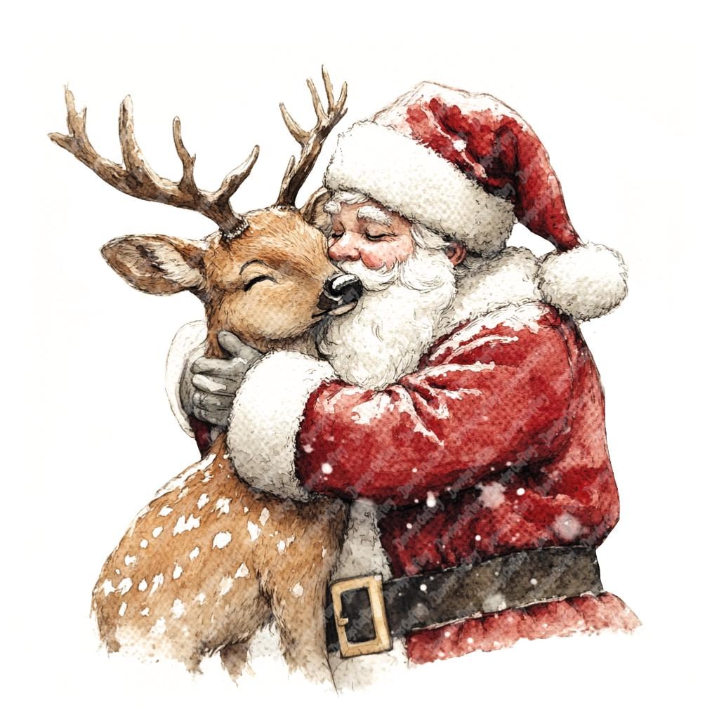 Santa and Reindeer Watercolor Clipart, Christmas JPG Images (digital ...