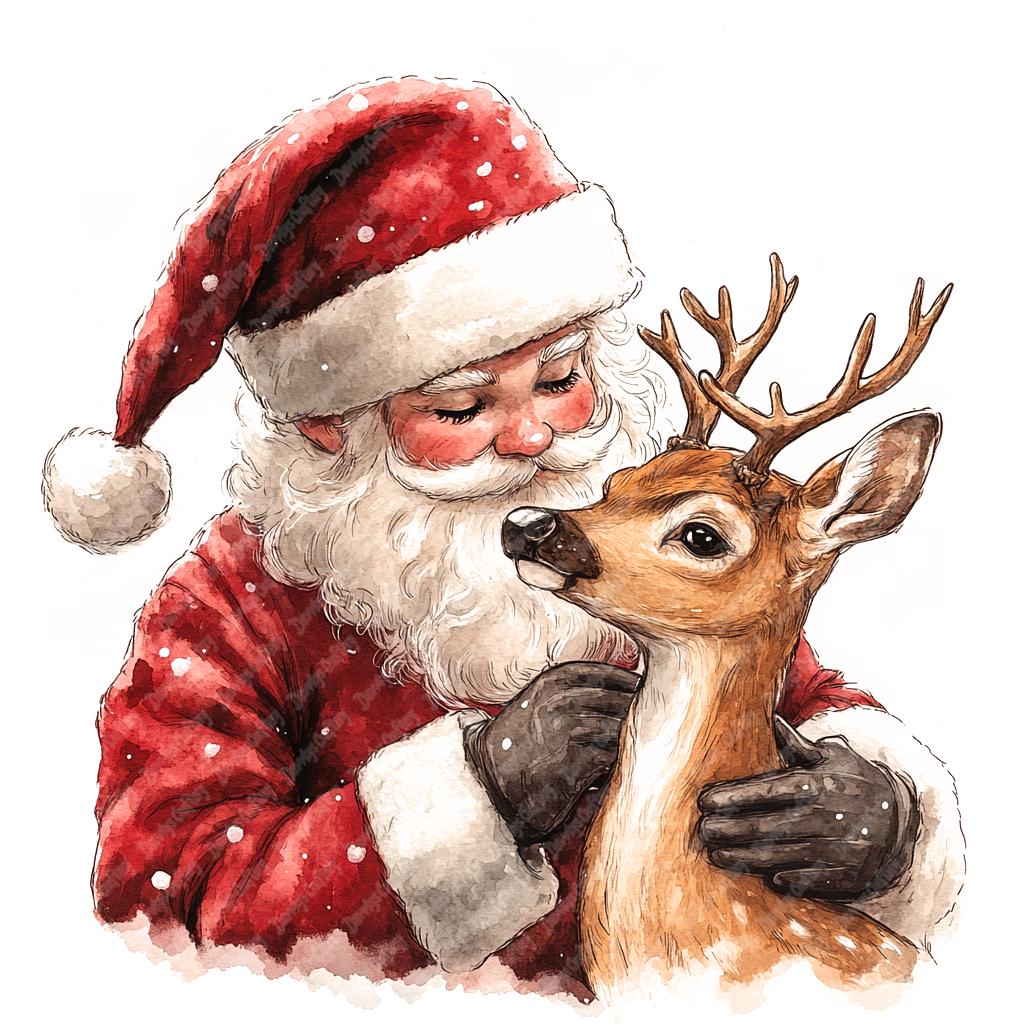 Santa and Reindeer Watercolor Clipart, Christmas JPG Images (digital ...