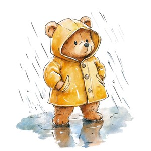 12 Cute Bear in Yellow Raincoat Watercolor Clipart Bundle, Baby Bear ...