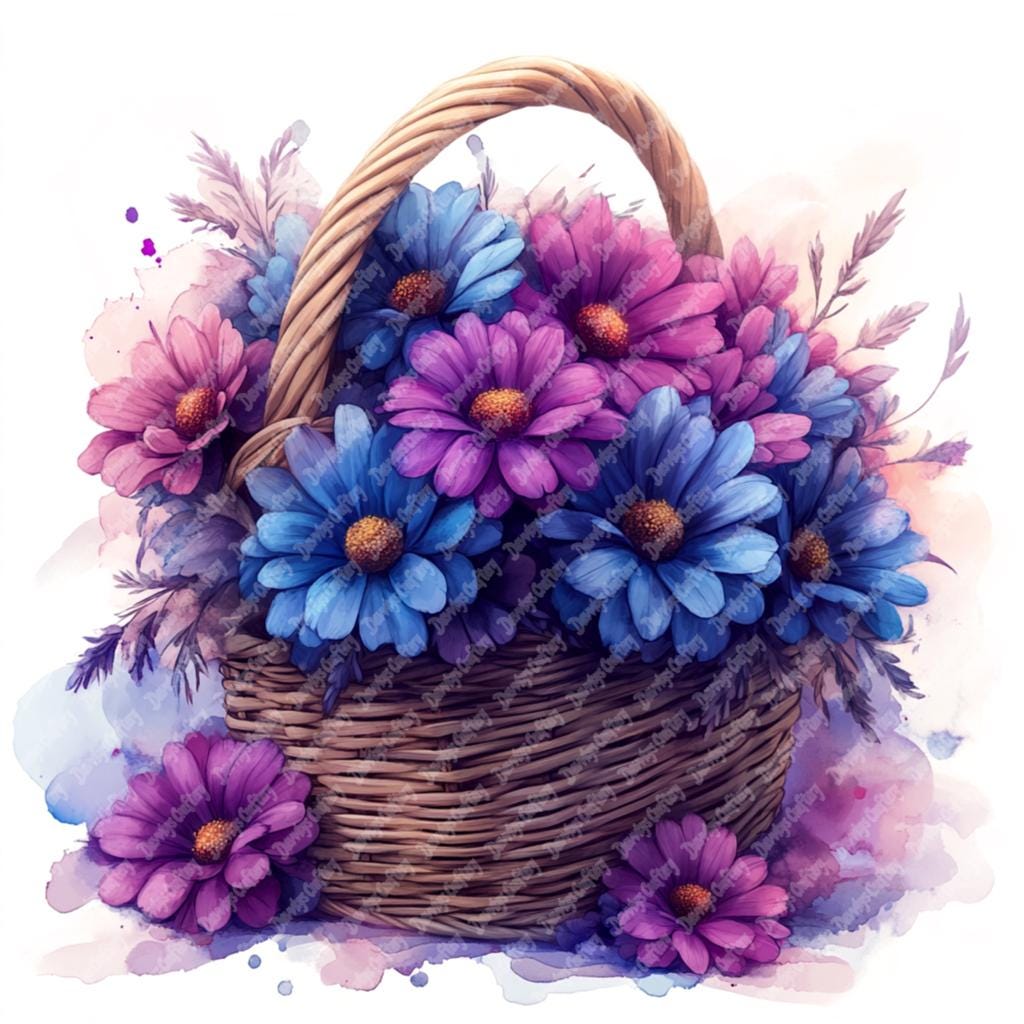 13 Flower Basket Watercolor Clipart, Printable High Quality Watercolor ...