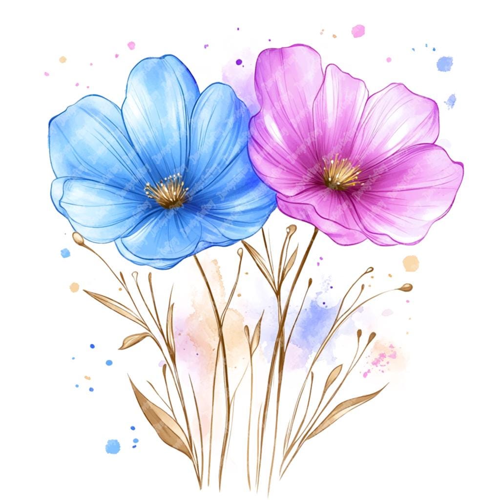 Blue & Pink Watercolor Flower Clipart: Floral Wall Art (digital ...