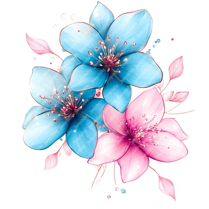 Blue & Pink Watercolor Flower Clipart: Floral Wall Art (digital ...