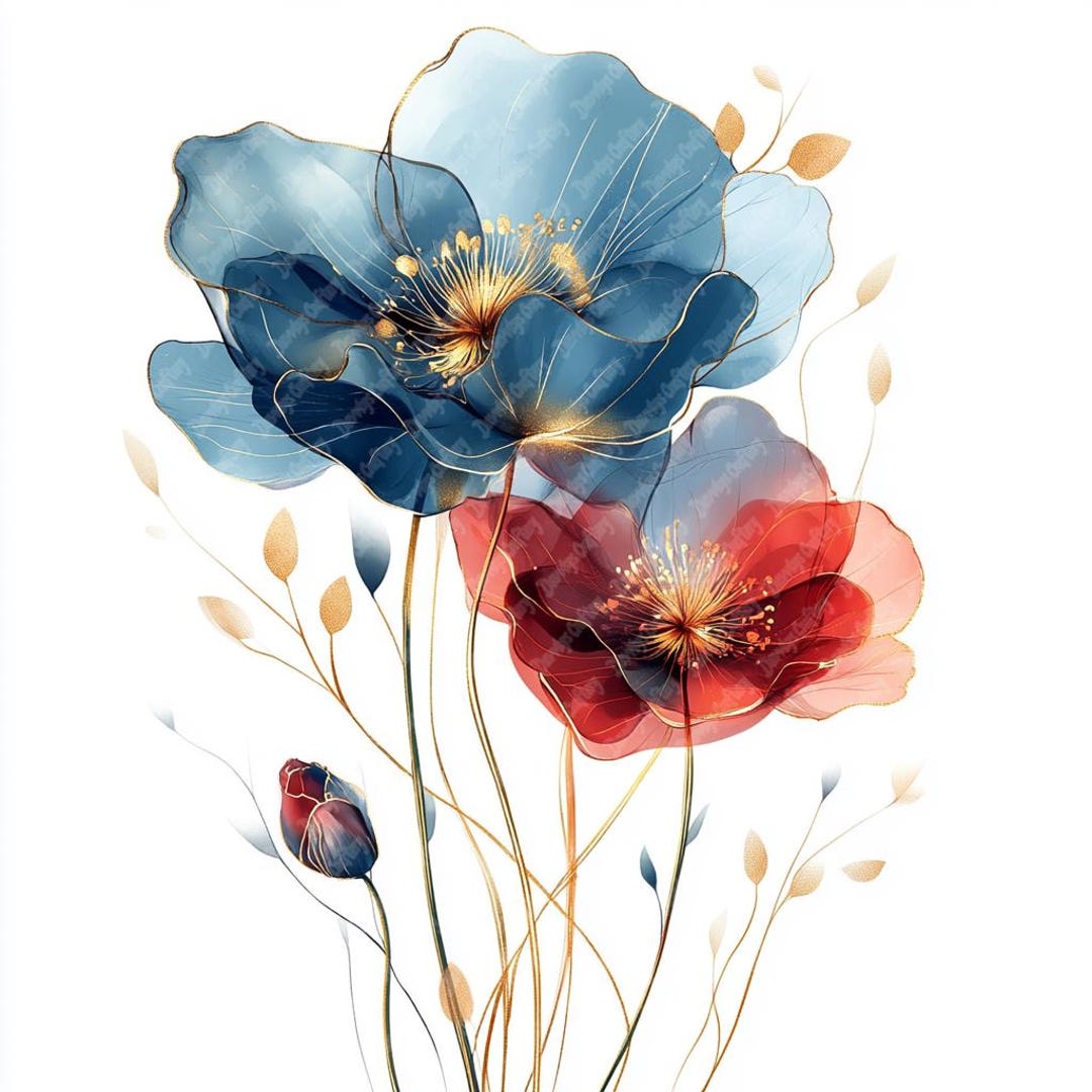 10 Blue and Red Flowers Watercolor Clipart, Printable High Quality ...