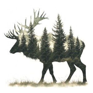 15 Double Exposure Stag and Forest Watercolor Clipart, Printable High ...