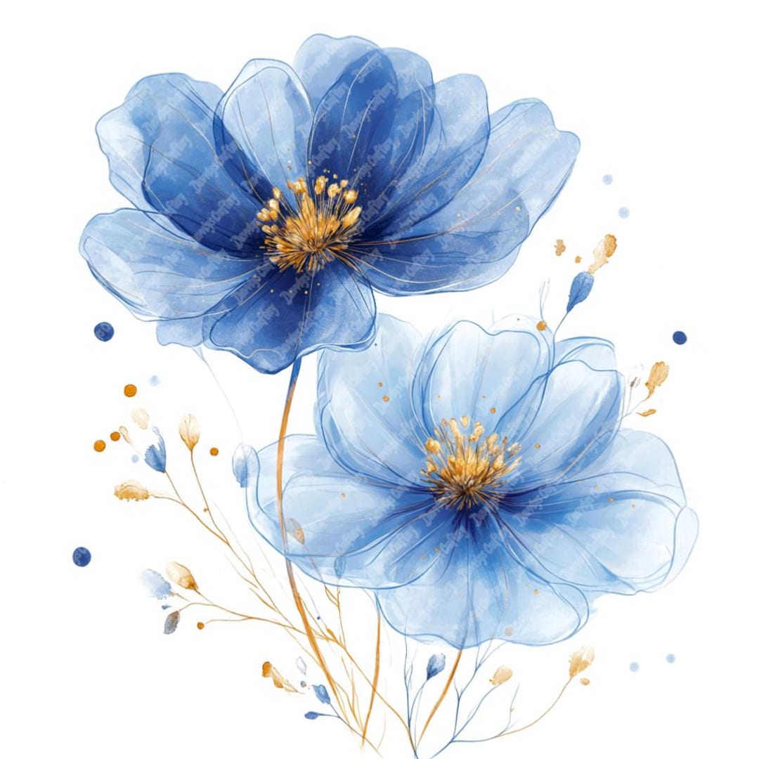 10 Blue Flowers 1 Watercolor Clipart, Printable High Quality Watercolor ...