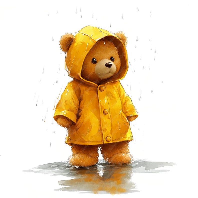 12 Cute Bear in Yellow Raincoat Watercolor Clipart Bundle, Baby Bear ...
