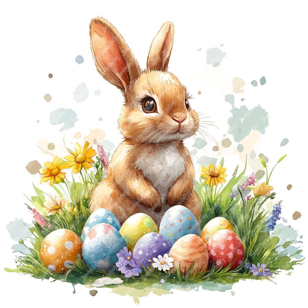 16 Cute Easter Eggs and Bunny Watercolor Clipart, Printable High ...