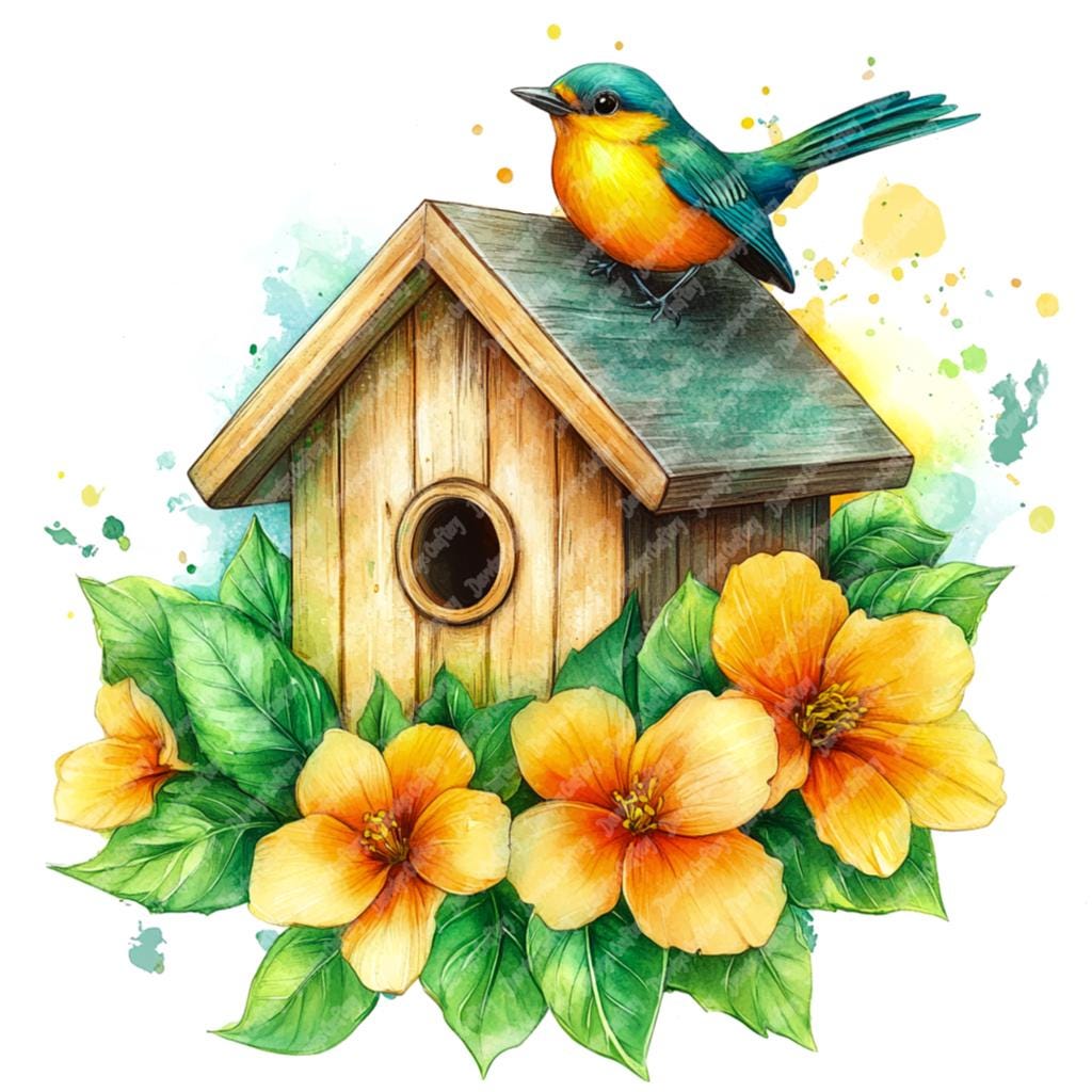 14 Cute Spring Bird House Watercolor Clipart, Printable High Quality ...