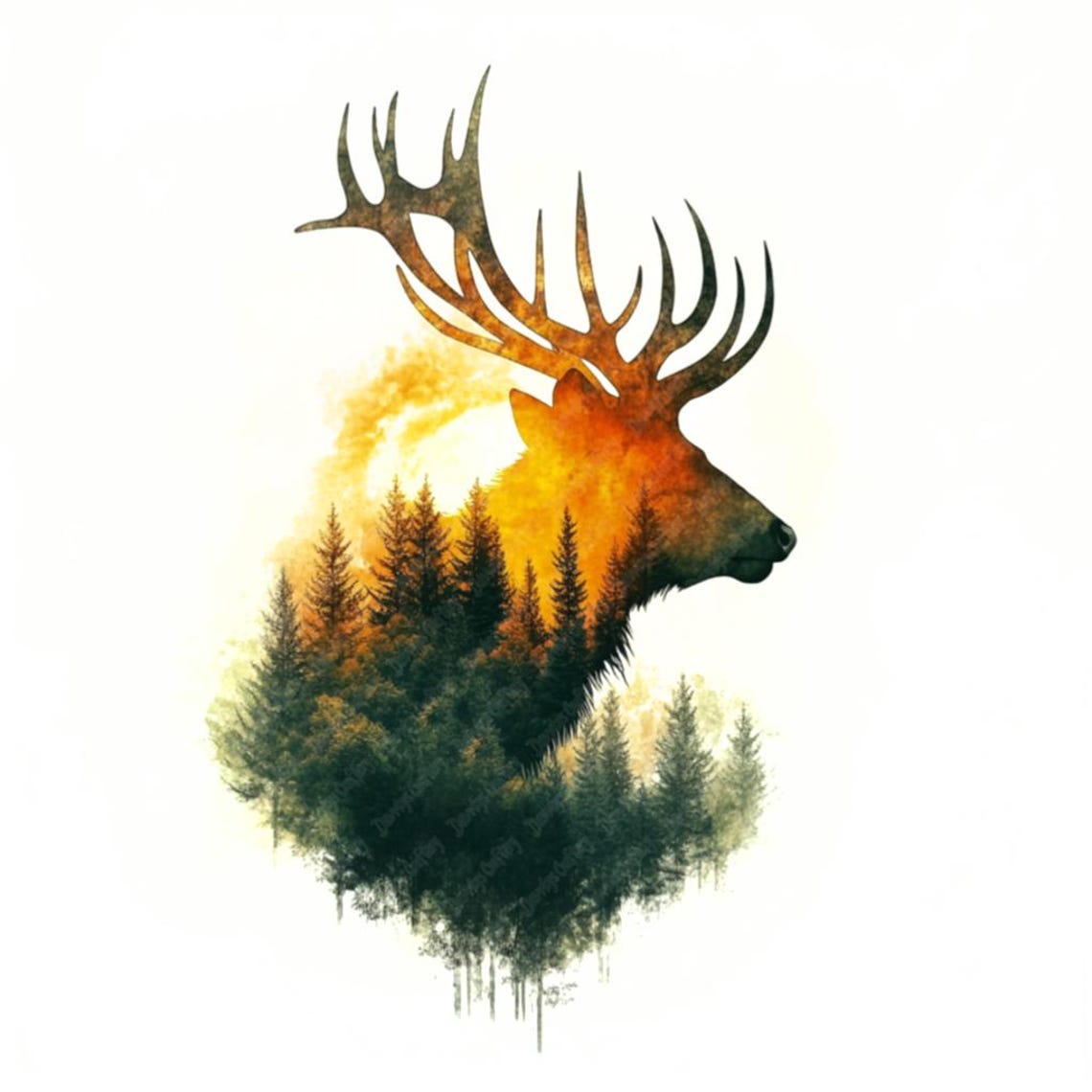 Stag Forest Watercolor Clipart, Double Exposure Design (digital ...