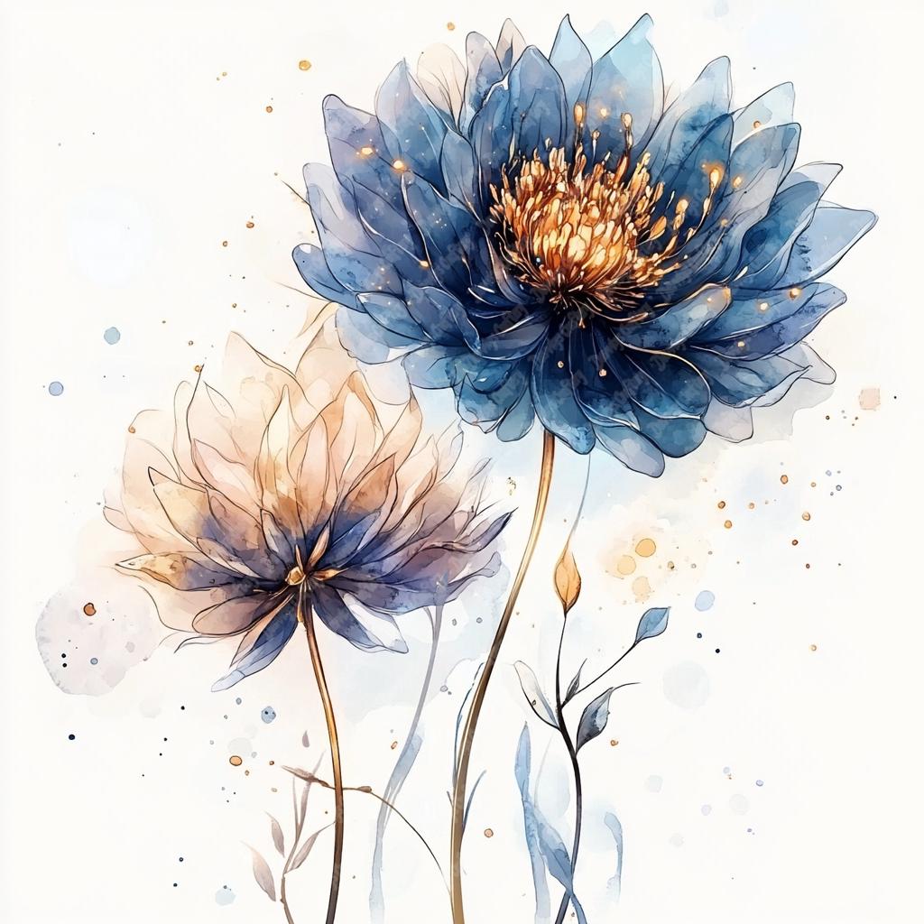 Blue and Gold Watercolor Flower Clipart, Printable Floral Art (JPG) - Etsy