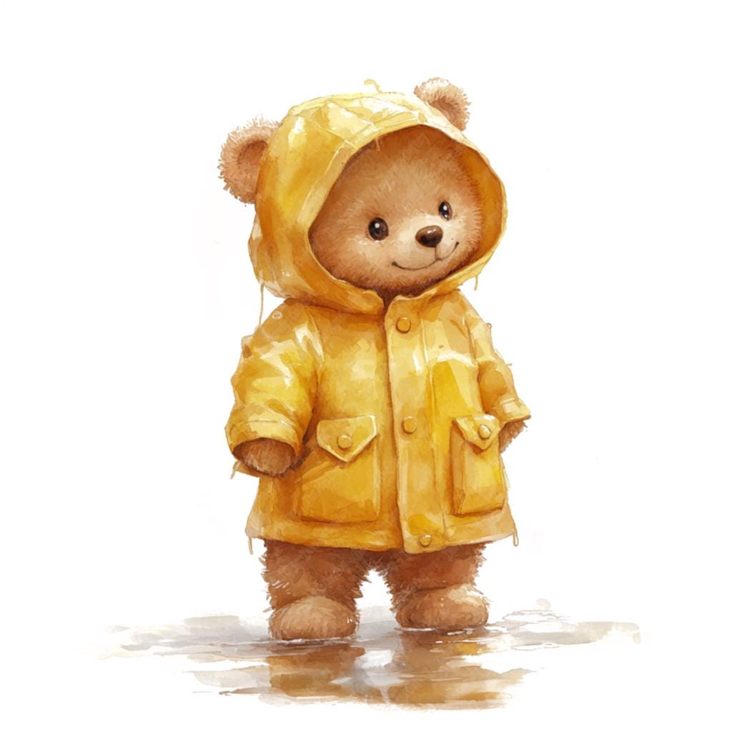 12 Cute Bear in Yellow Raincoat Watercolor Clipart Bundle, Baby Bear ...