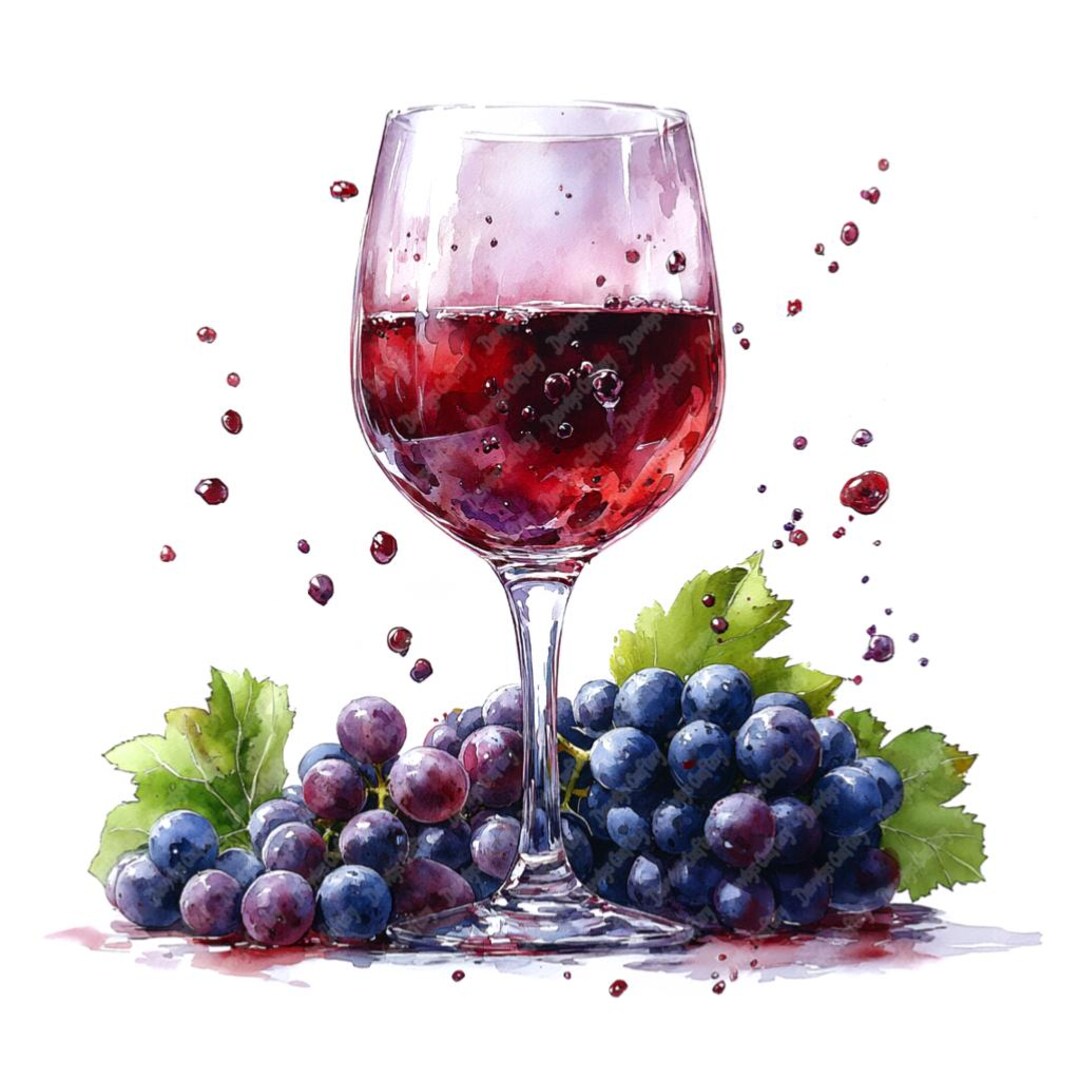 7 Glass of Wine and Grapes Watercolor Clipart, Printable High Quality ...