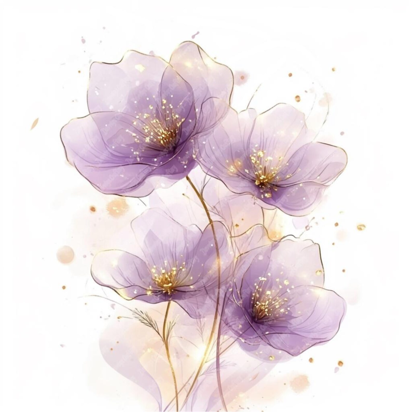 10 Purple and Gold Flowers Watercolor Clipart, Printable High Quality ...