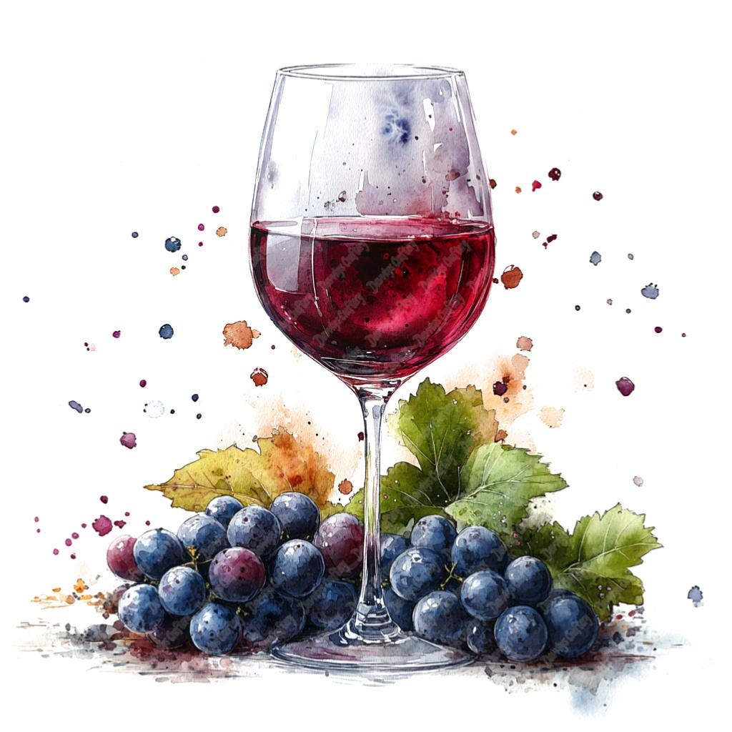 7 Glass of Wine and Grapes Watercolor Clipart, Printable High Quality ...