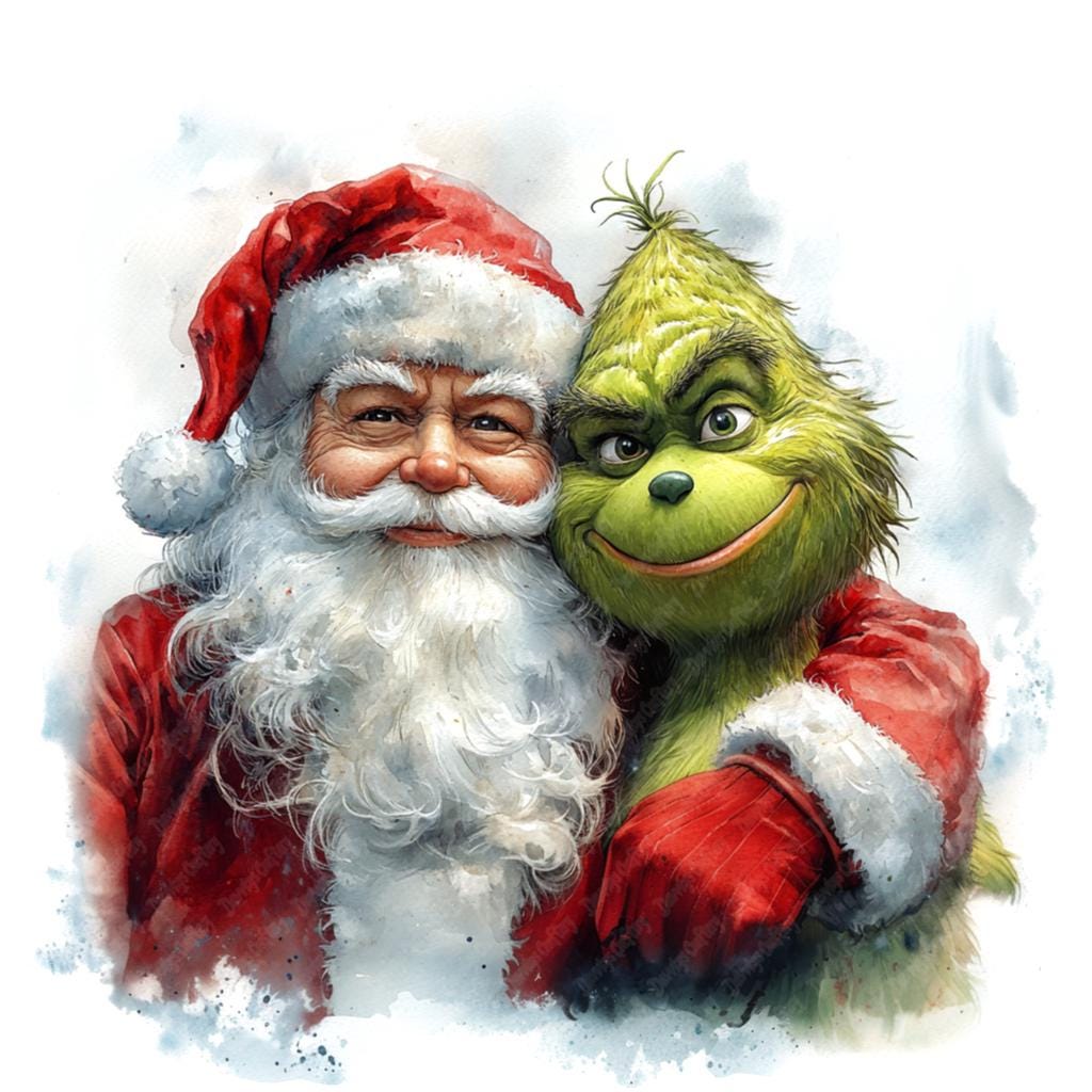 Santa and Grinch Hugging Watercolor Clipart, Christmas JPG (digital ...