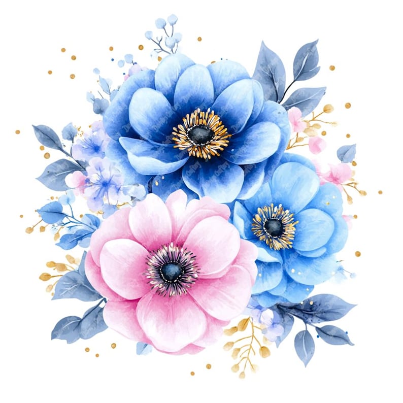 Blue & Pink Watercolor Flower Clipart: Floral Wall Art (digital ...