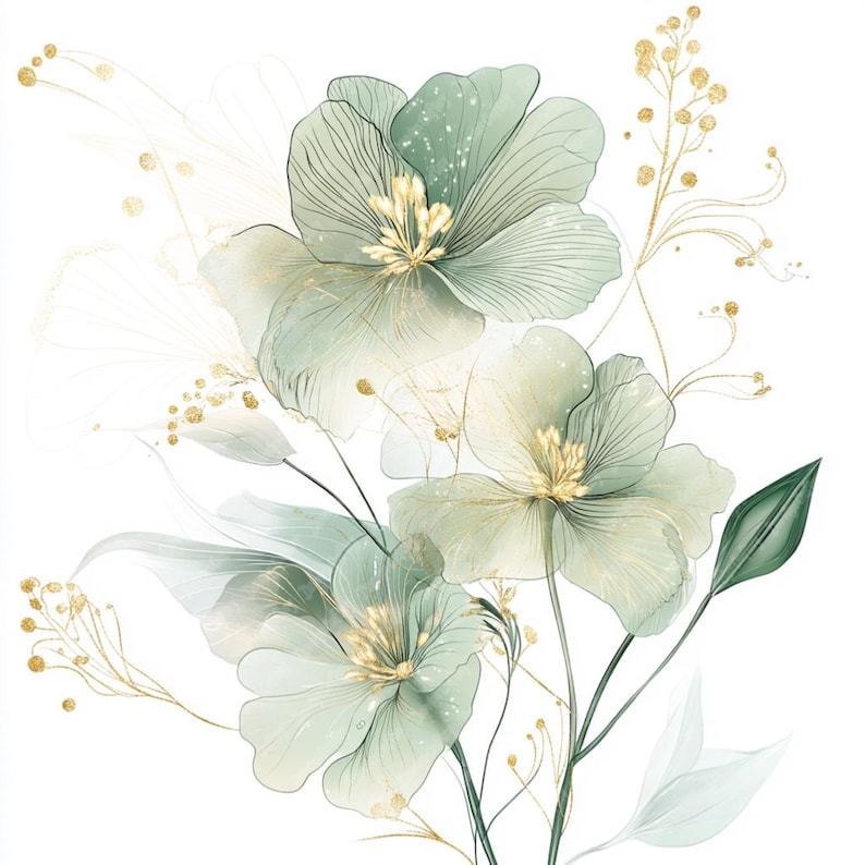 Green and Gold Flower Watercolor Clipart, Printable Floral Art (JPG) - Etsy