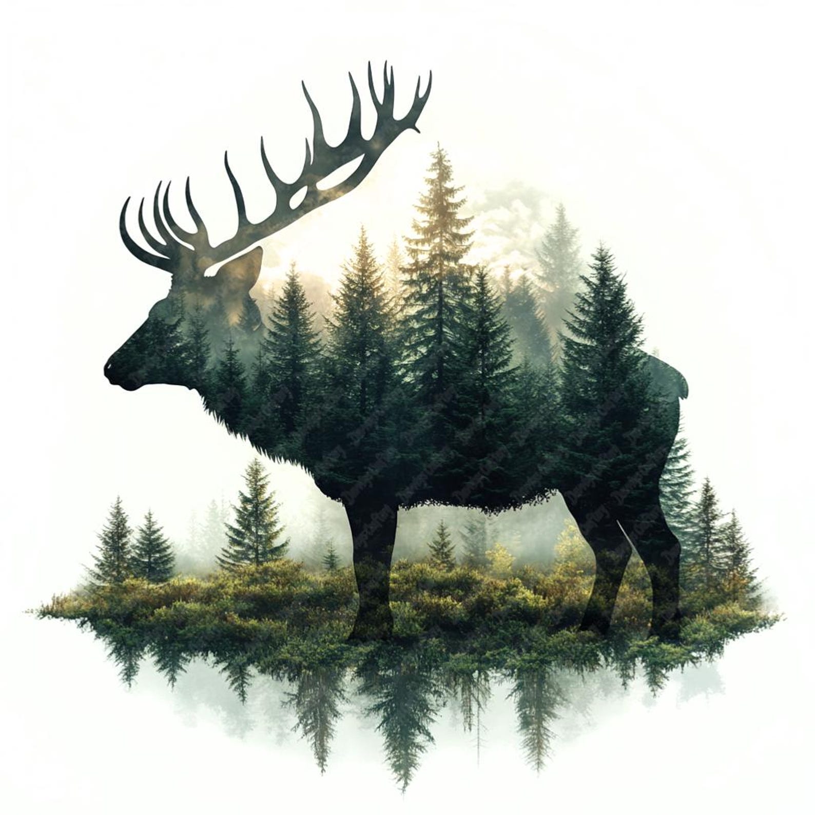 15 Double Exposure Stag and Forest Watercolor Clipart, Printable High ...