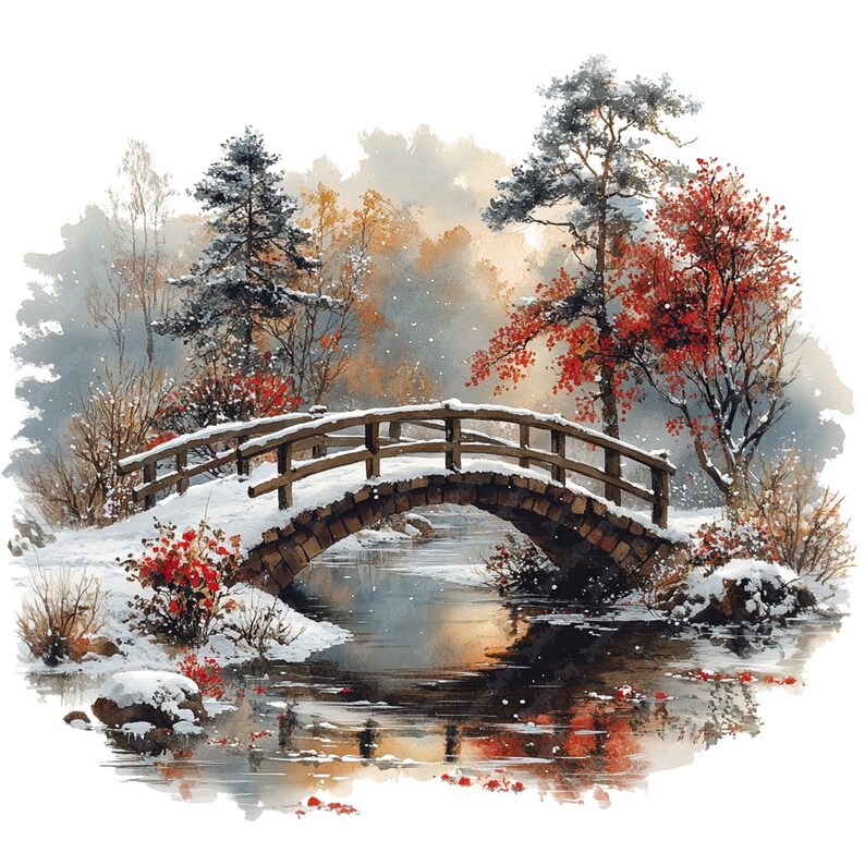 Winter Bridge Watercolor Clipart, Landscape Wall Art (JPG Images) - Etsy