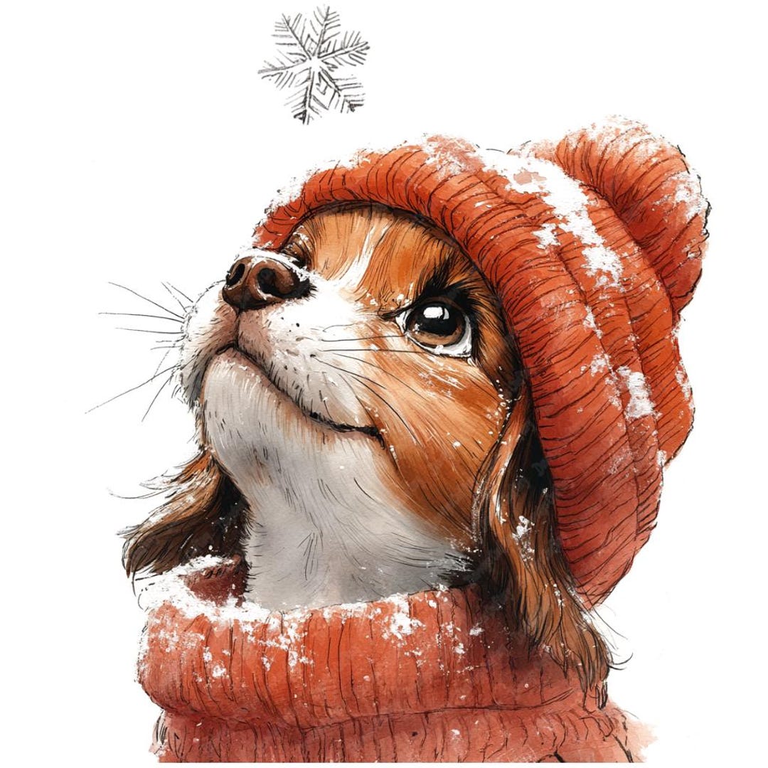 Winter Dogs Watercolor Clipart, Hats and Snowflakes (digital Download ...