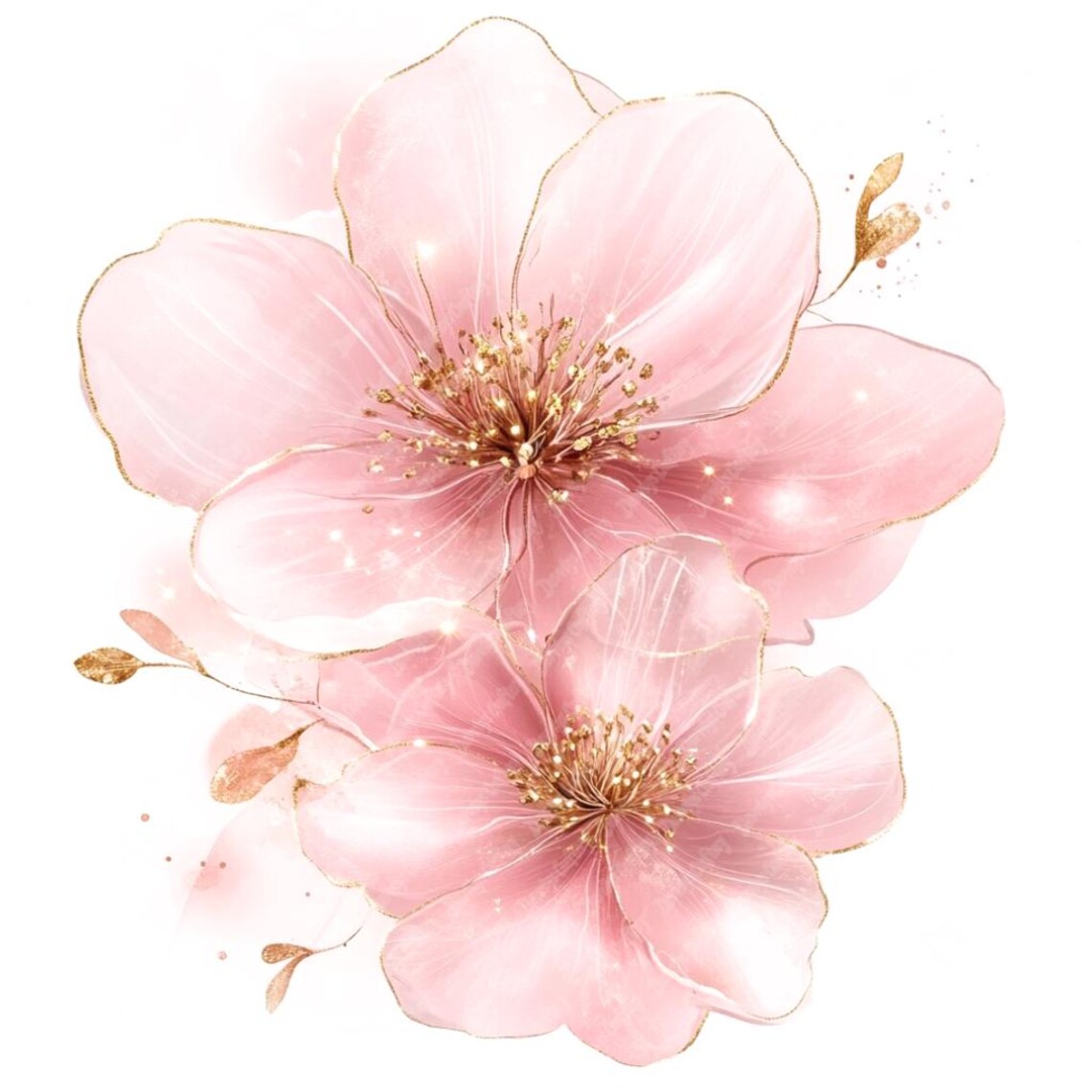 Pink and Gold Watercolor Flower Clipart, Printable Floral Art (digital ...