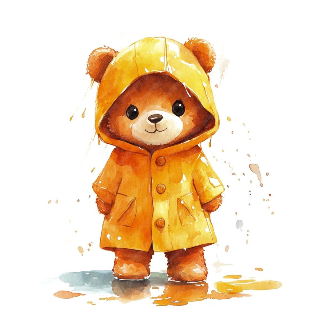 12 Cute Bear in Yellow Raincoat Watercolor Clipart Bundle, Baby Bear ...