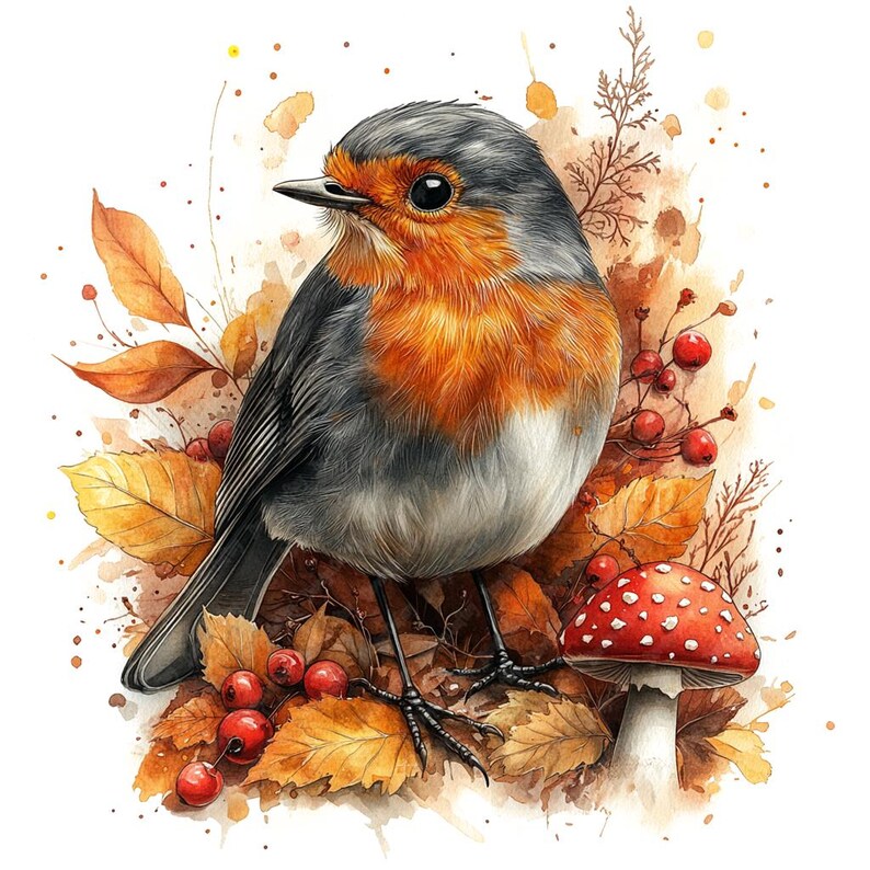 Autumn Robin Watercolor Clipart, Fall Bird Art (JPG Images) - Etsy