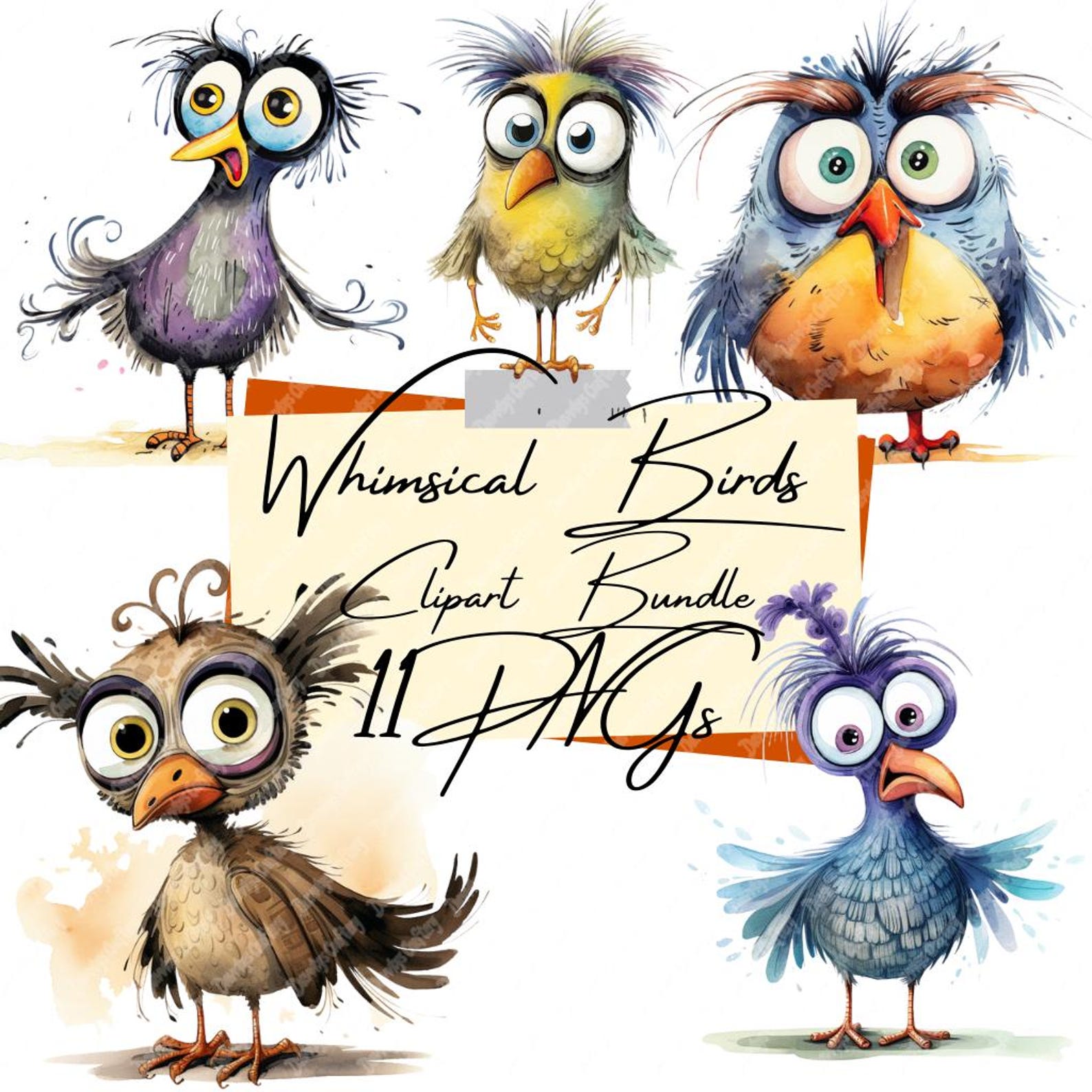 11 Whimsical Birds Watercolor Clipart Bundle, High Quality Clipart JPG ...