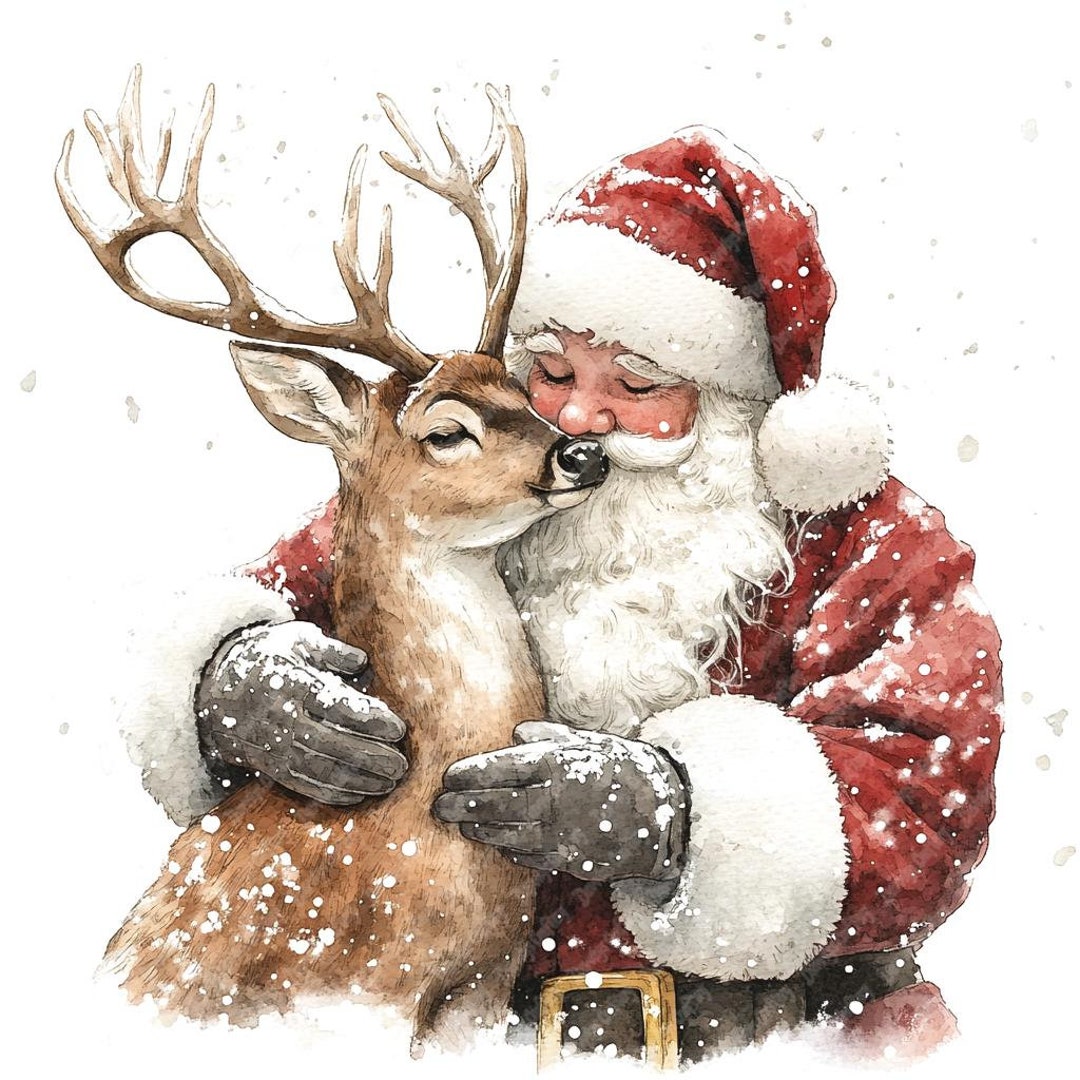 Santa and Reindeer Watercolor Clipart, Christmas JPG Images (digital ...