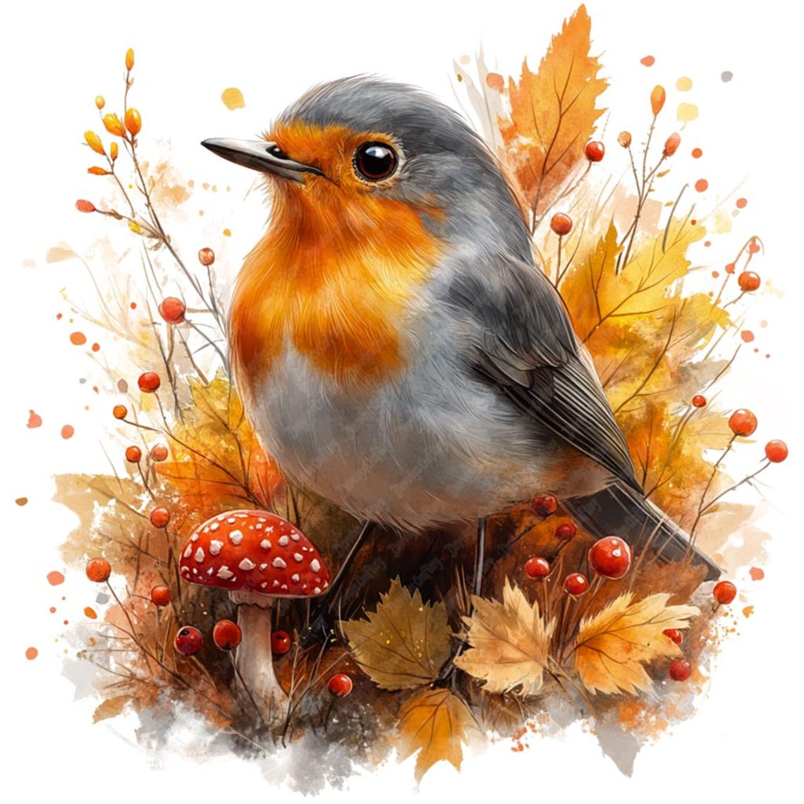 Autumn Robin Watercolor Clipart, Fall Bird Art (JPG Images) - Etsy