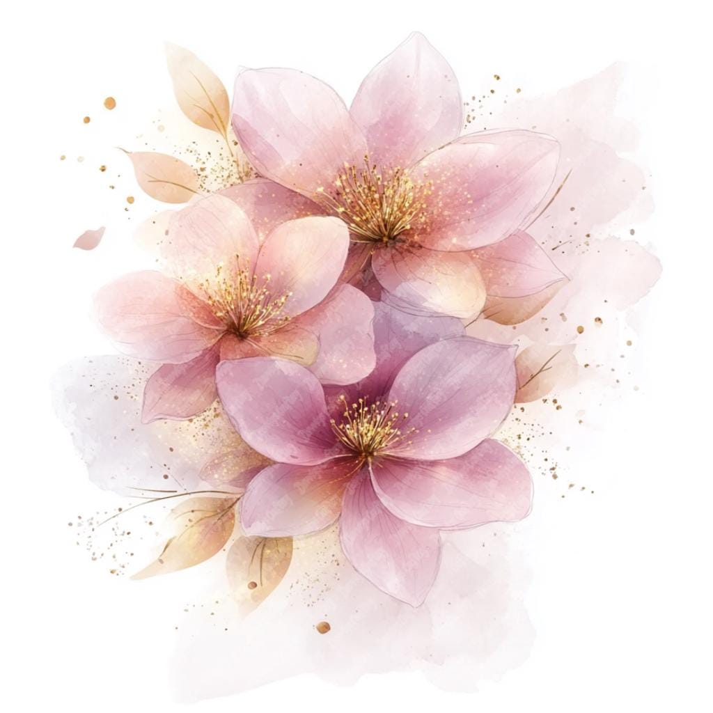 14 Pink and Gold Flowers Watercolor Clipart, Printable High Quality ...